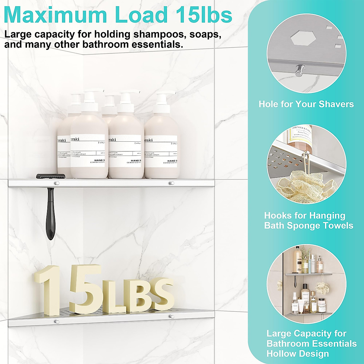 Qeke 10" Bathroom Corner Shelf, 2 Pack Recessed Shower Shelf Caddy, SUS304 Stainless Steel Shelf Wall Mount Triangular, No Drilling Brushed Nickel