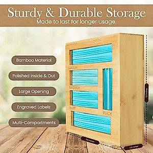 Bamboo Bag Storage Organizer + Bonus: 5 Reusable Bags and Labeling Stickers - Food Kitchen Pantry Holder for Bags, Baggies, and Storage Drawers
