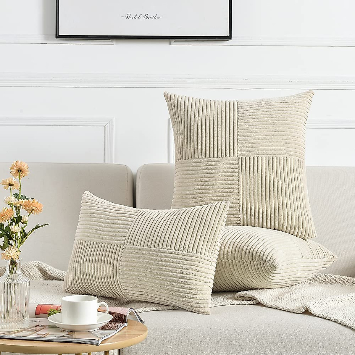 Fancy Homi Tan Lumbar Decorative Throw Pillow Covers 12x20 Inch for Living Room Couch Bed Sofa, Boho Home Decor, Soft Striped Corduroy Rectangle Accent Beige Cushion Case 30x50 cm