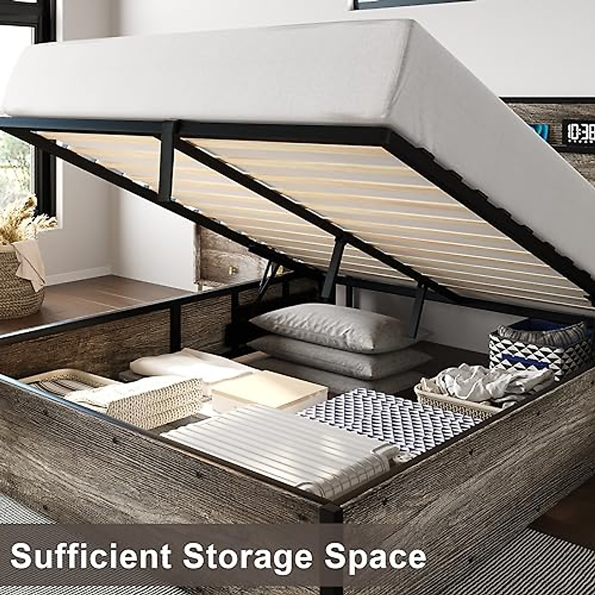 AMERLIFE Queen Size Lift Up Storage Bed Frame, Wooden Platform Bed Frame with Lifting Storage & Charging Station, No Spring Box Needed/Noise Free, Rustic Grey