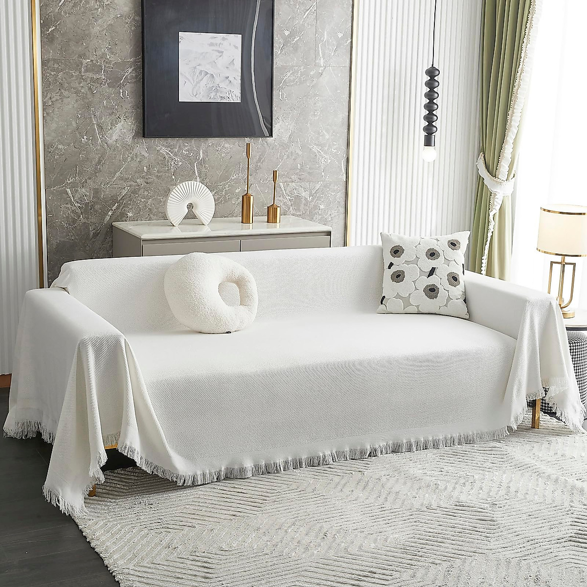 MYSKY HOME Couch Covers for 2 Cushion Couch Sofa Slipcovers Geometrical Sofa Covers for Living Room Sectional Sofa Covers for Dogs (X-Large, 71" x 118", White)