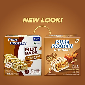 Pure Protein Nut Bars, Caramel Almond Sea Salt, 10g Protein, Gluten Free, Low Sugar, 1.65 oz, 10 Pack (Packaging may vary)