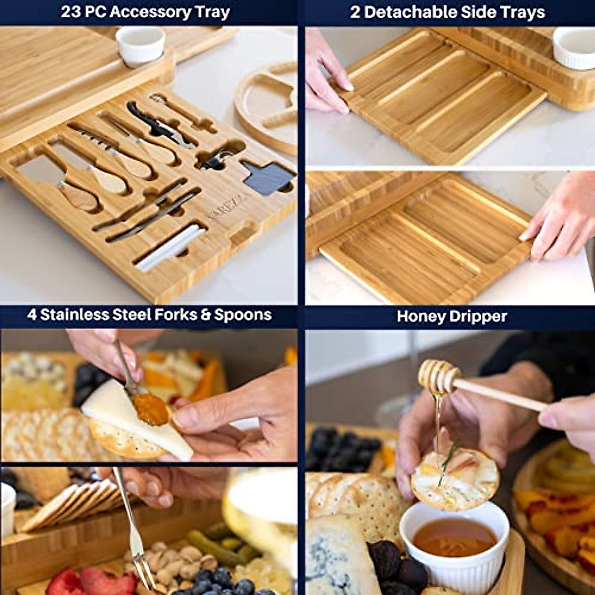 VAREZZA Bamboo Cheese Board and Knife Set Extra Large Charcuterie Board Set - Serving Board, Side Cheese Tray, Round Bamboo Fruit Cheese Platter, 23 Entertaining Accessories for House Warming Gift