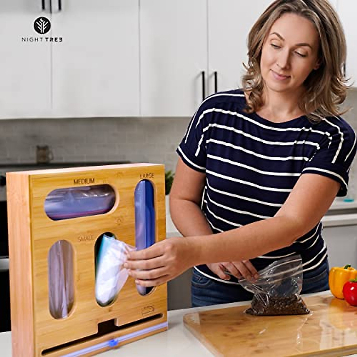 Night Tree Plastic bag storage organizer - Ziplock Sandwich bag organizer for kitchen plastic bag storage or Wall Mount - 5 in 1 Includes Plastic Wrap or Foil dispenser with Cutter