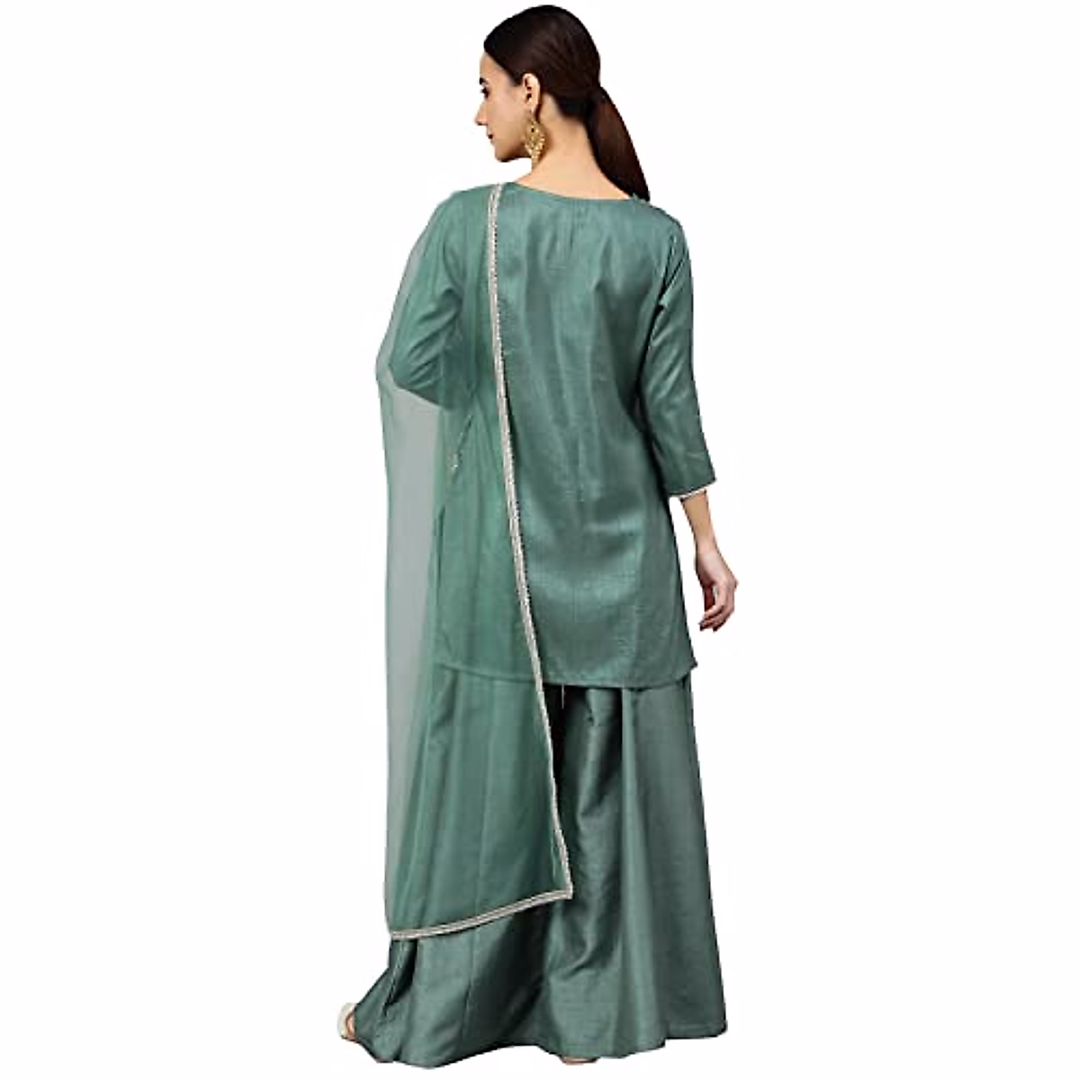 Janasya Indian Women's Mint Green Chinon Foil Print Kurta with Flared Palazzo and Dupatta(SET530-KR-PP-A-XXL)