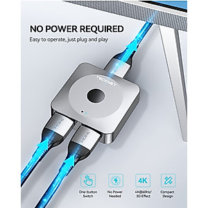 TECKNET HDMI Switch 4k@60hz Splitter, Aluminum Bidirectional HDMI Switcher 2 in 1 Out, Manual HDMI Hub Supports HD Compatible with Xbox PS5/4/3 Blu-Ray Player Fire Stick Roku(Cable is not Included)