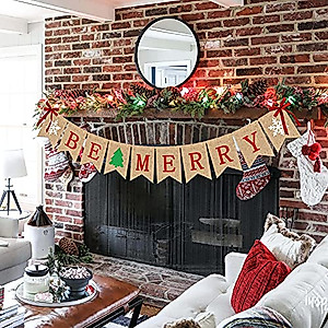 Be Merry Burlap Banner Christmas Decorations | Rustic Christmas Tree Snowflake Sign Burlap Garland | Christmas Decor for Mantle Fireplace Xmas Holiday Party Supplies | Outdoor Indoor Hanging Decor