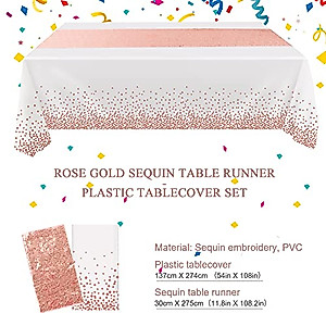 HAOBAOBEI Rose Gold Tablecloth Sequin Table Runner Set, Plastic Table Cloths Pink White Party Decorations, Rectangle Glitter Table Cover for Birthday Wedding Anniversary Parties Supplies (54x108 inch)