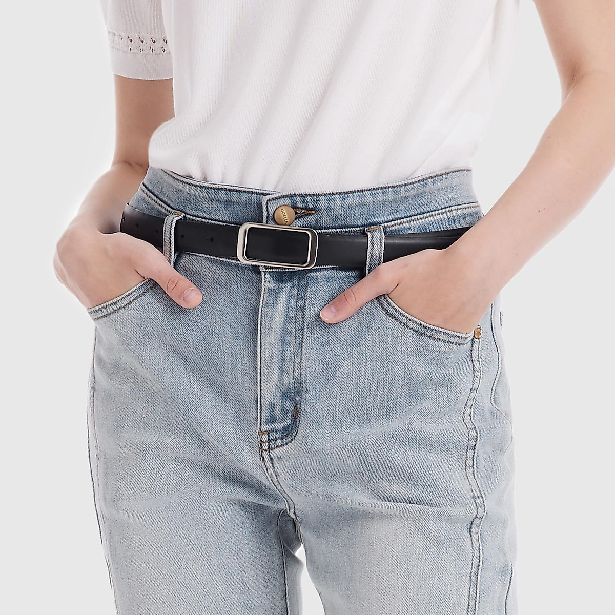 GOELIA Women's Reversible Bovine Leather Belt Thin Fashion Waist Belts for Jeans Pants Dresses with Silver Buckle