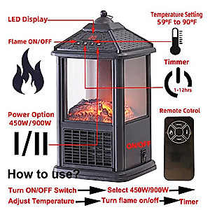 Portable Little Small Electric Fireplaces Space Heaters for Indoor Use Freestanding Bedroom Mini Electric Space Fireplace Heaters Stove with Flame Thermostat Timer Remote Control Overheat Protection