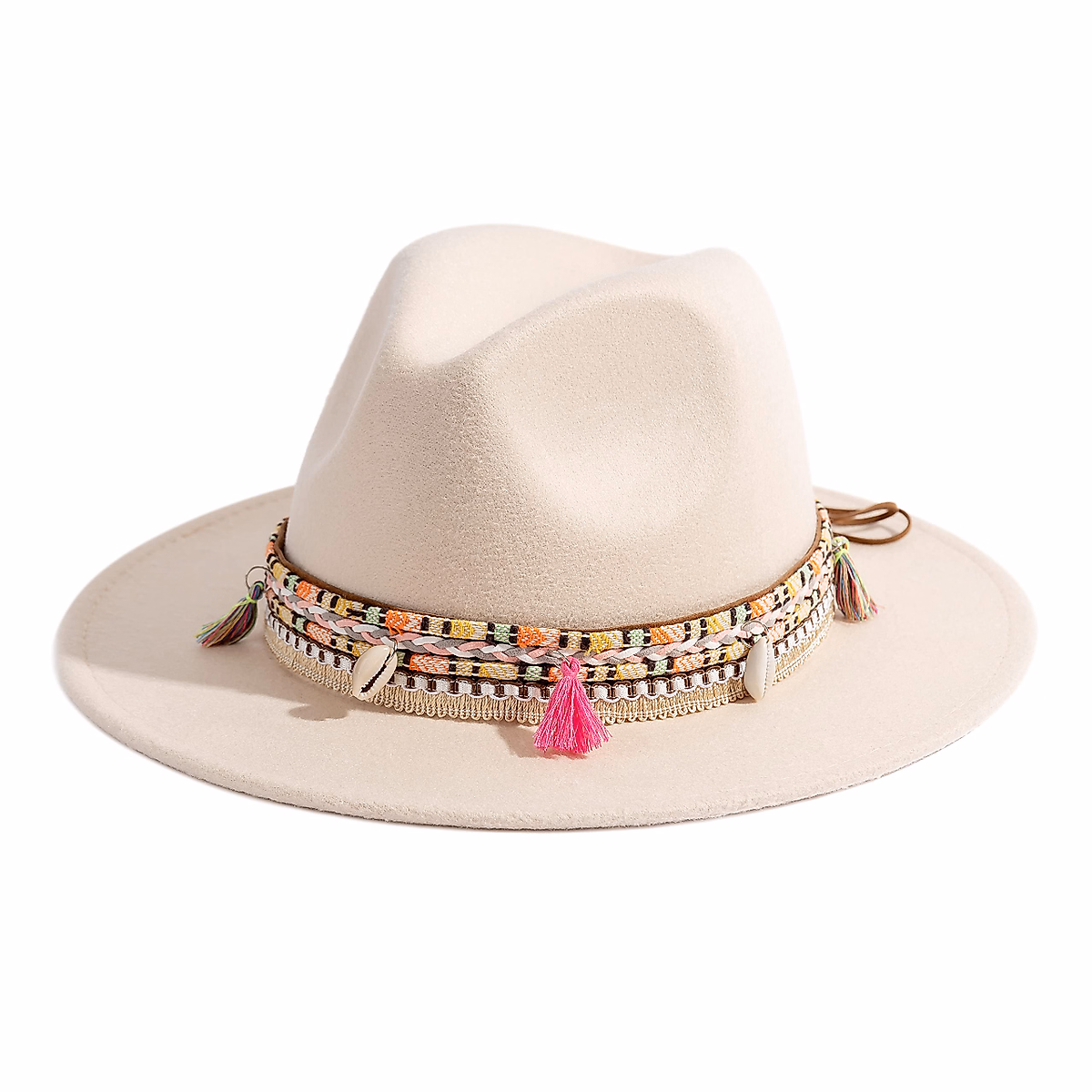 Gossifan Women's Felt Fedora Hat Wide Brim Panama Hats with Tassel-Beige