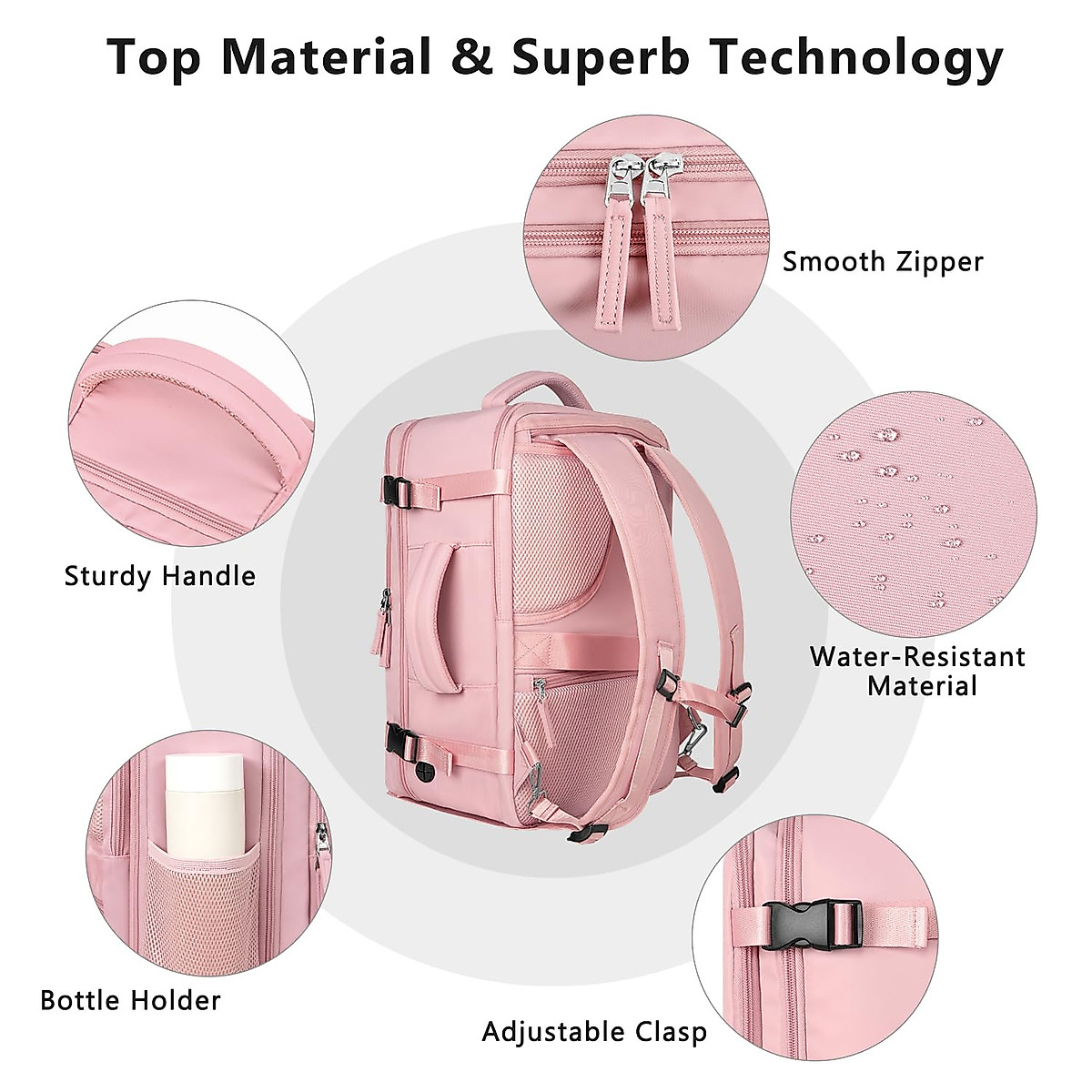 Snoffic Travel Backpack for Women, Large Carry On Backpack for Travel, Waterproof Backpack Personal Item, Backpack for Women, 17.3 Inch Laptop Backpack, College Bag Casual Daypack, Pink