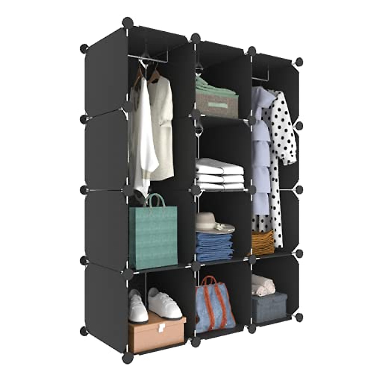 JKWAY DIY 12 Cube Storage Organizer with Doors, Portable Closet Wardrobe 14 in x18 Depth Cubes Clothes Organizer, Cabinet Book Shelf for Bedroom, , Office, Dorm Room (Black/White), (42 x56 )