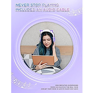 VuyKoo Bluetooth Headphones with Microphone/RGB LED Light Up, Cat Ear Wireless Headphones, Stereo Gaming Headset for Cellphone/PC/Laptop/Tablet/TV Kids Girls & Boys Teens/Birthday Gift (Purple)