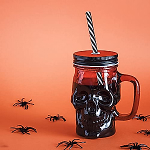 TOPZEA 6 Pack Glass Mason Drinking Jars with Handle, 16 Oz Skull Beer Mugs Wide Mouth Tumbler Cup with Straws, Pub Bar Drinking Mugs for Beverage, Liquor, Cold Drinks