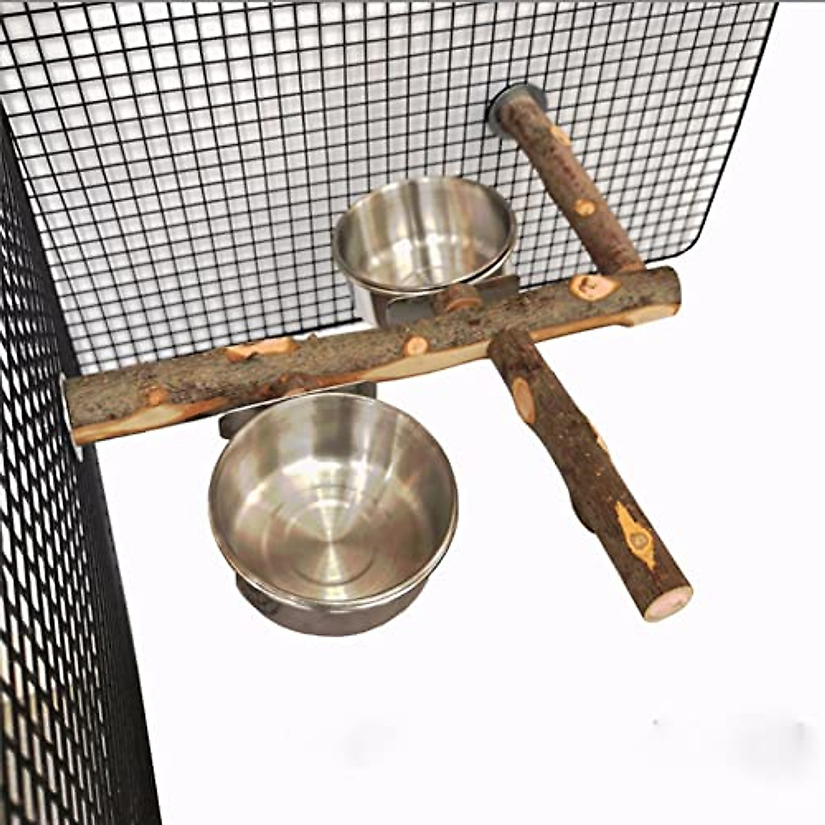 Bird Feeding Bowl Bird Feeding Dish Cup Stainless Steel Bowl with Wood Bird Stand Perch for Parakeet Budgies Lovebirds and Parrot