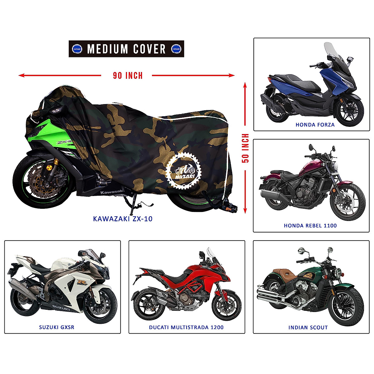 Breathable Motorcycle Cover W/Elastic Bottom. Premium Heavy Duty Outdoor Waterproof All Season Polyester W/Soft Screen Shield. Universal Heat Resistant Lockable Fabric (Camouflage, Medium)