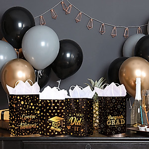 Whaline 12Pcs Graduation Gift Bag with White Tissue Paper Congrats Grad Party Favor Bags with Handle 4 Designs Black Gold Paper Congratulations Treat Candy Bag for College High School