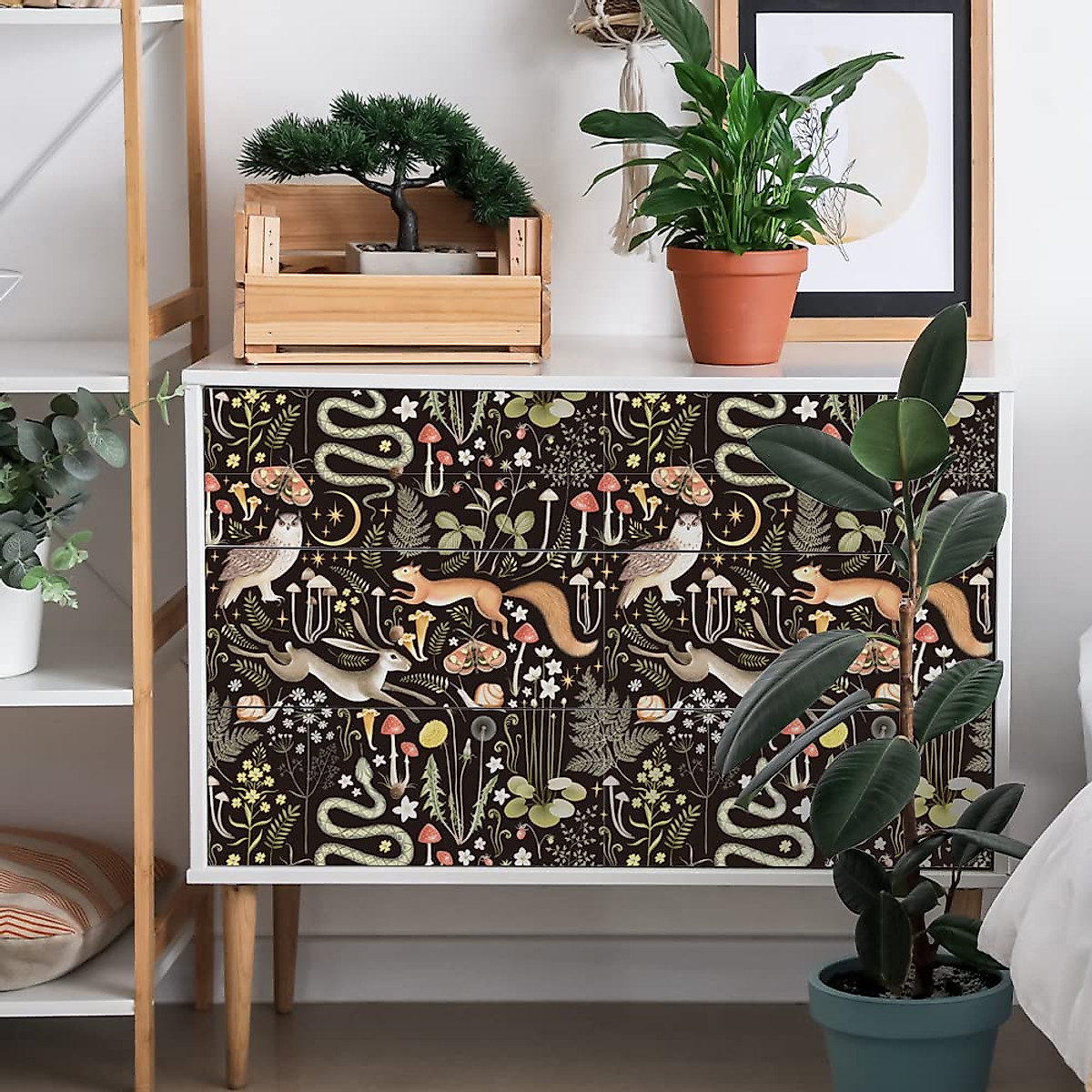 MAGAFA Peel and Stick Wallpaper - Fairytale Forest Moon and Stars - Owls, Snakes - Green, Red, Yellow, Brown, White - Matte - Waterproof - Reusable - 17.71" x 118.1" - Wall Art