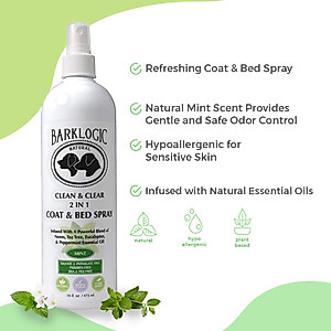 BarkLogic - 2in1 Dog/Puppy Coat & Bed Spray - Sensitive Skin - Safe - Infused with Essential Oils - Refreshing Naturally Derived Scent - Spray on Pets & Household Items - Made in USA - 16 oz - Mint