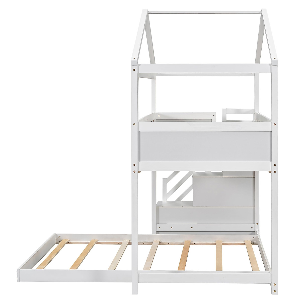 Harper & Bright Designs Twin Over Full House Bunk Bed with Stairs and Blackboard, Wood Floor Bunk Bed Frame with Storage Staircase, for Kids Teens (White)
