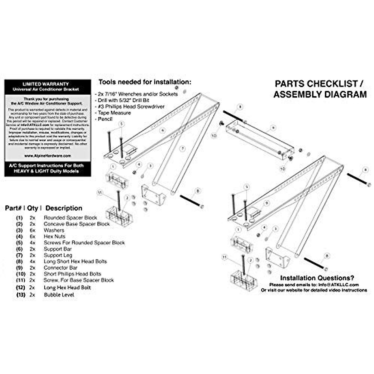 Universal Window Air Conditioner & Heat Pump Bracket - Heavy-Duty Window AC Support - Support Air Conditioner Up to 180 lbs. - for 12000 BTU AC to 24000 BTU AC Units (Heavy Duty)