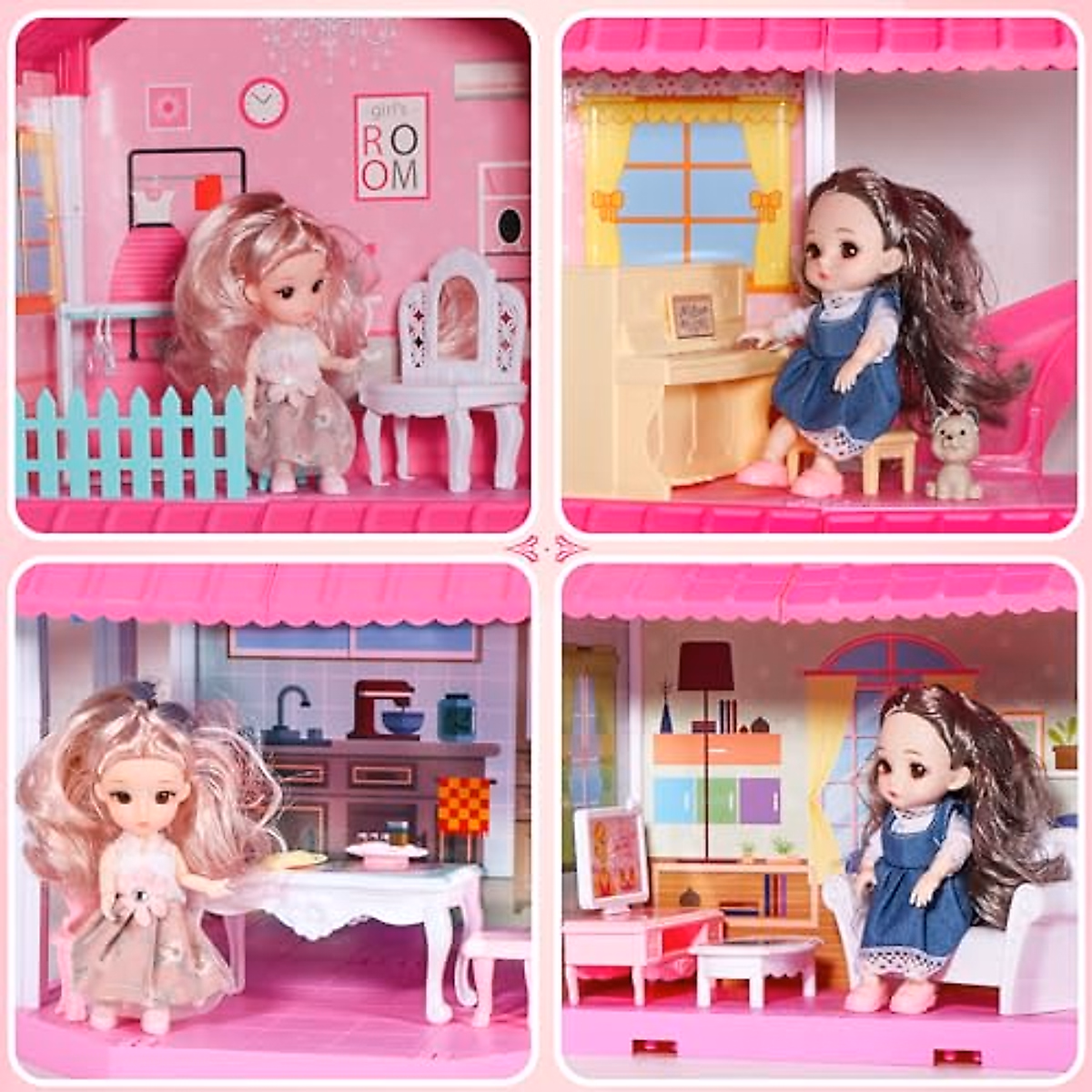 Doll House, Dream House for Girls 3 Stories 7 Rooms Dollhouses with 3 Dolls Toy Figures, Swim Pool, Slide, Furniture and Accessories, Pretend Playhouse Gift Toy for Kids Ages 3 4 5 6 7 8+