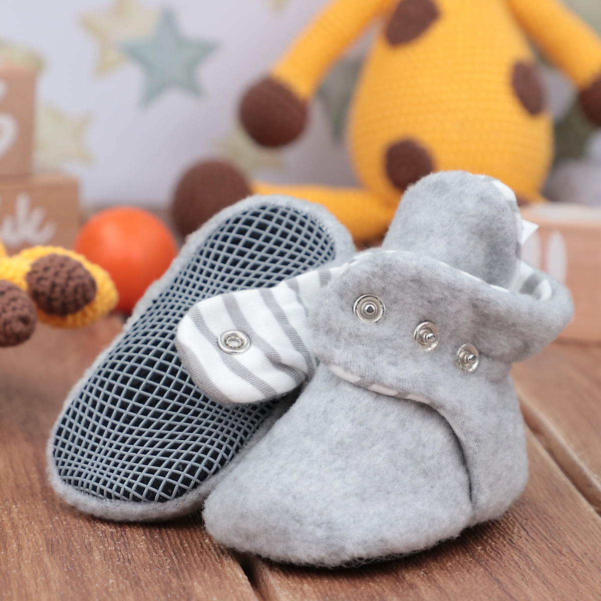 Ella Bonna Fleece Baby Booties, Three Snap Baby Slippers, Unisex Baby Gifts, Non-Slip Newborn Booties for Boys and Girls, Infant Baby Shower Shoes Months