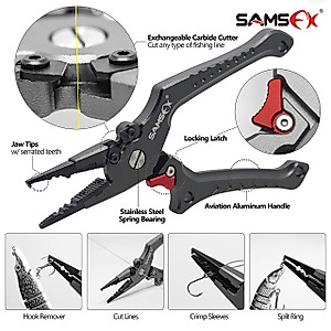 SAMSFX Aluminum Fishing Pliers Hook Remover Braid Line Cutter with Coiled Lanyard, Fly Fishing Knot Tying Tool & Retractors (Gray Handle, Split Ring Nose)