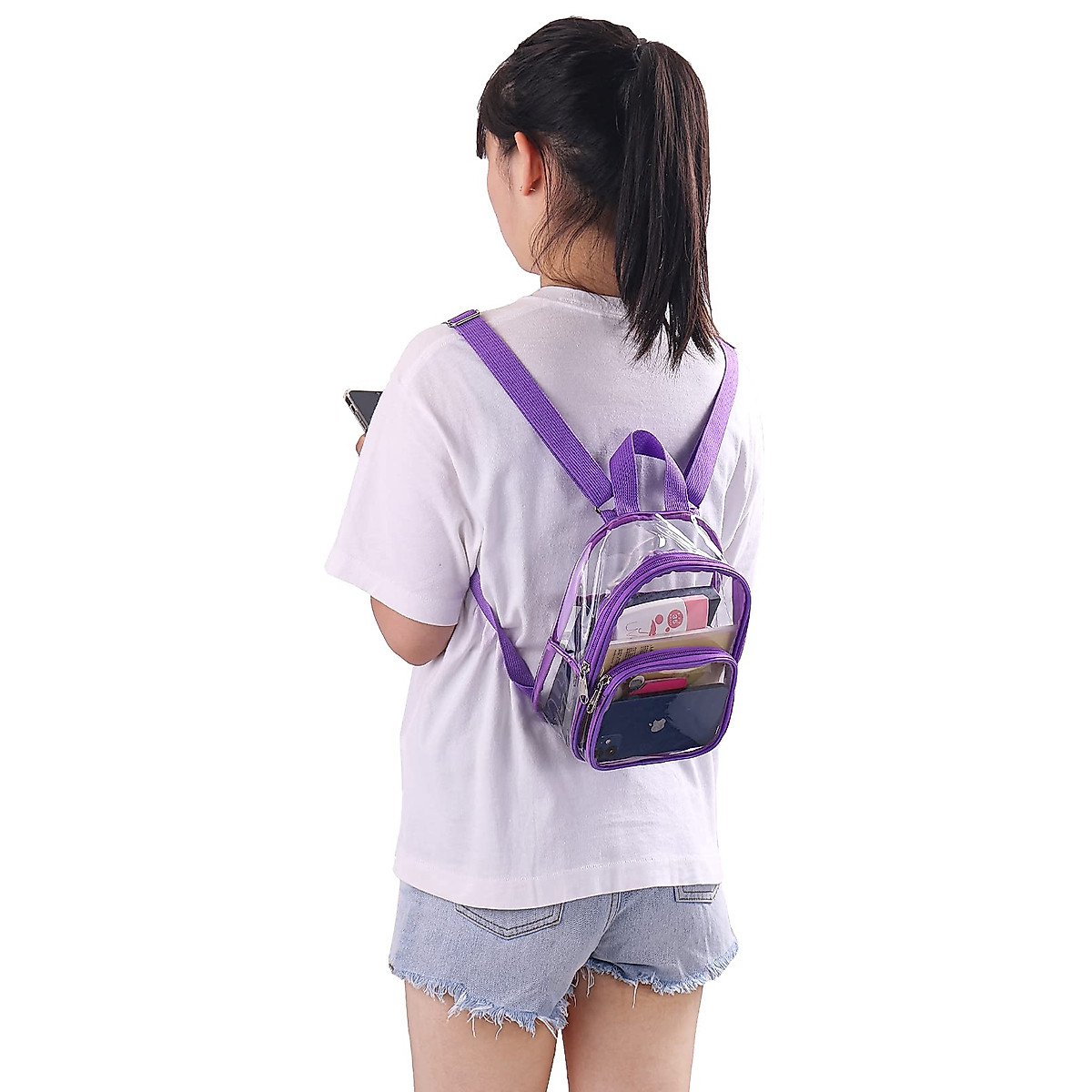 USPECLARE Clear Mini Backpack Stadium Approved, Size 7.5"x2.8"x9" for Girls, for Concert, Festival, Sport Events&Daily Use(Purple)