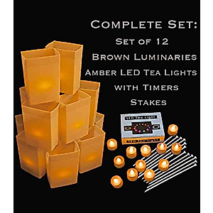 Set of 12 Brown Luminaries, Amber LED Tea Lights & Stakes