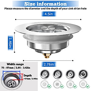 3 in 1 Kitchen Sink Drain Strainer Stopper, Brushed Stainless Steel SUS 304 Pop Up Sink Drain Stopper for Standard 3-1/2 Inch Drain Anti-Clogging Odor Prevention