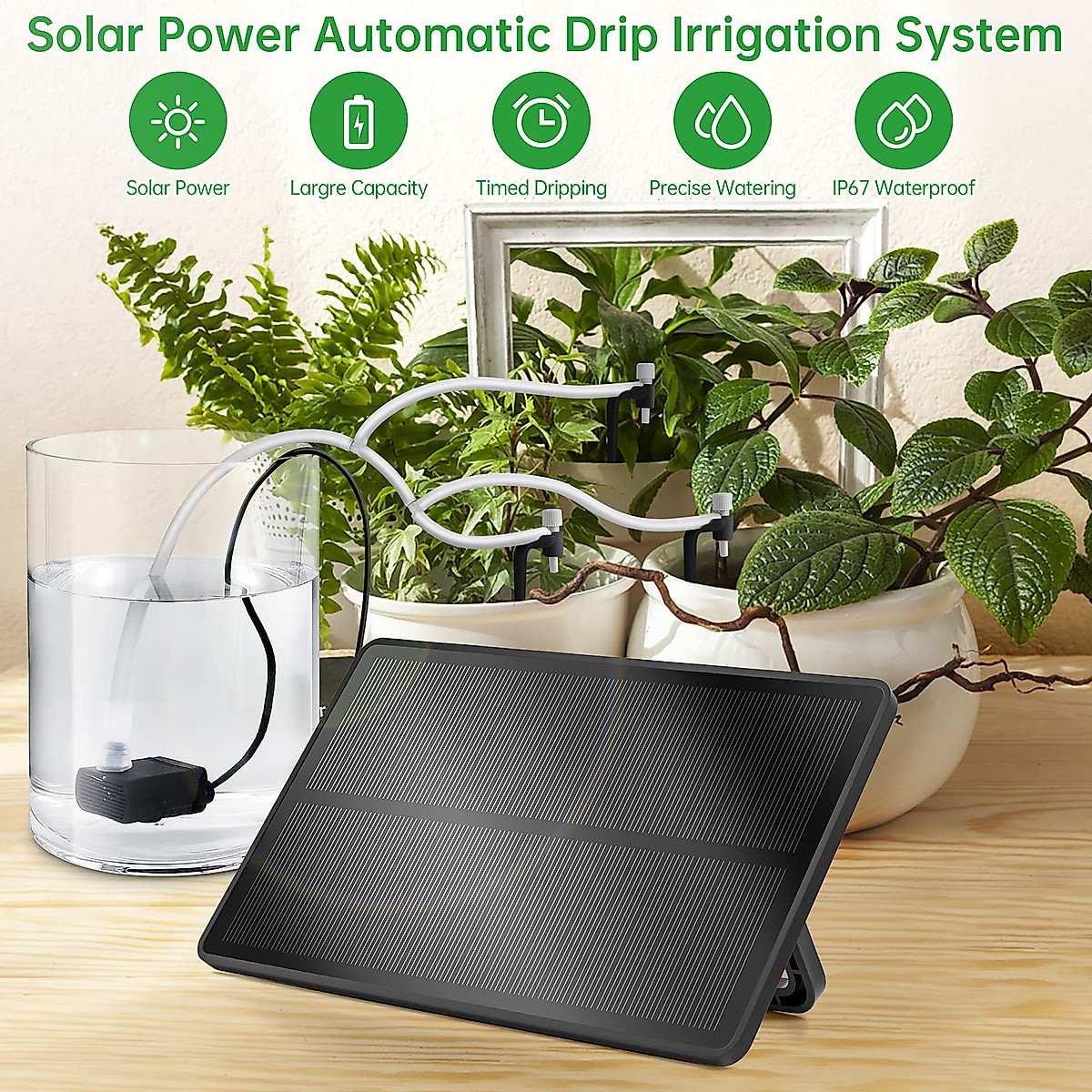 Micro Automatic Drip Irrigation Kit,Solar Power Rechargeable Plant Self Watering System with Timer,Easy to Use,Black)