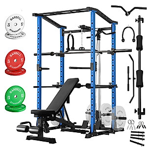 ER KANG Power Cage, 1200LBS Power Rack with LAT Pulldown, Multi-Function Squat Cage with Olympic Plates&Barbell, Weight Cage for Home Gym with Training Attachment, Blue