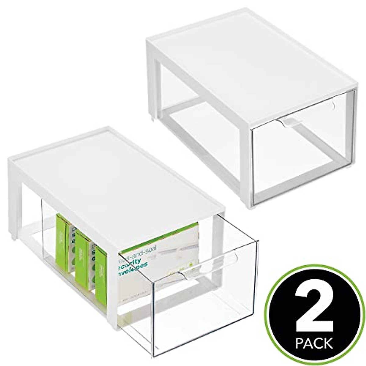 mDesign Plastic Stackable Cosmetic Storage Organizer Bin with Pull Out Drawer for Cabinet, Vanity, Shelf, Cupboard, or Cabinet Organization - Lumiere Collection - 2 Pack - White/Clear