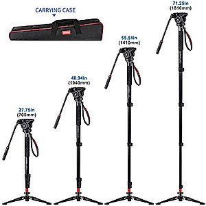 Monopod, COMAN KX3232 73.2 inch Professional Monopod Tripod Lightweight Aluminum Telescopic Camera Monopod with feet and Pan Tilt Fluid Head for DSLR Video Cameras