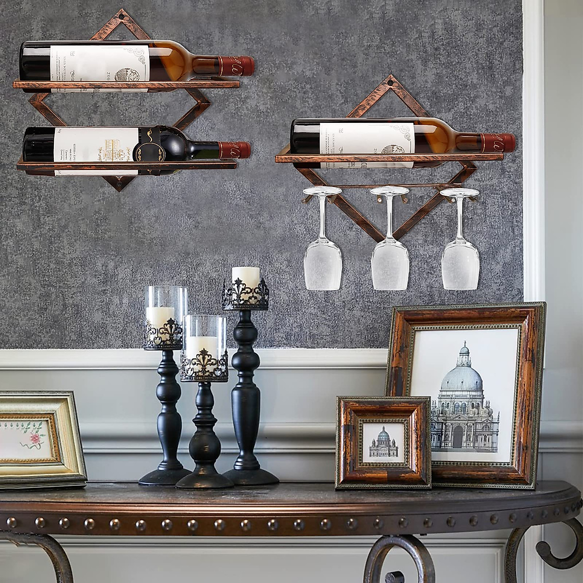 2Pcs Metal Wall Mounted Wine Holder Stemware Glass Rack, Collapsible Hanging Red Wine Racks Organizer with 3 Stem Glass Holders, Wine Bottle Display Hanger for Home Kitchen Bar Decor