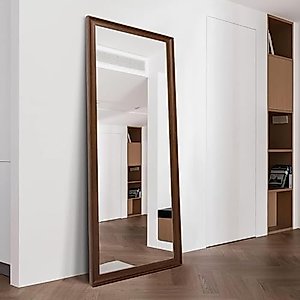 TheiaMo Full Length Mirror Wood Frame, 65×22in Floor Mirror Full Body Mirror with Standing Holder Hanging Wall Mirror, Stand Large HD Mirror, Dressing Mirror for Bedroom/Living Room, Walnut