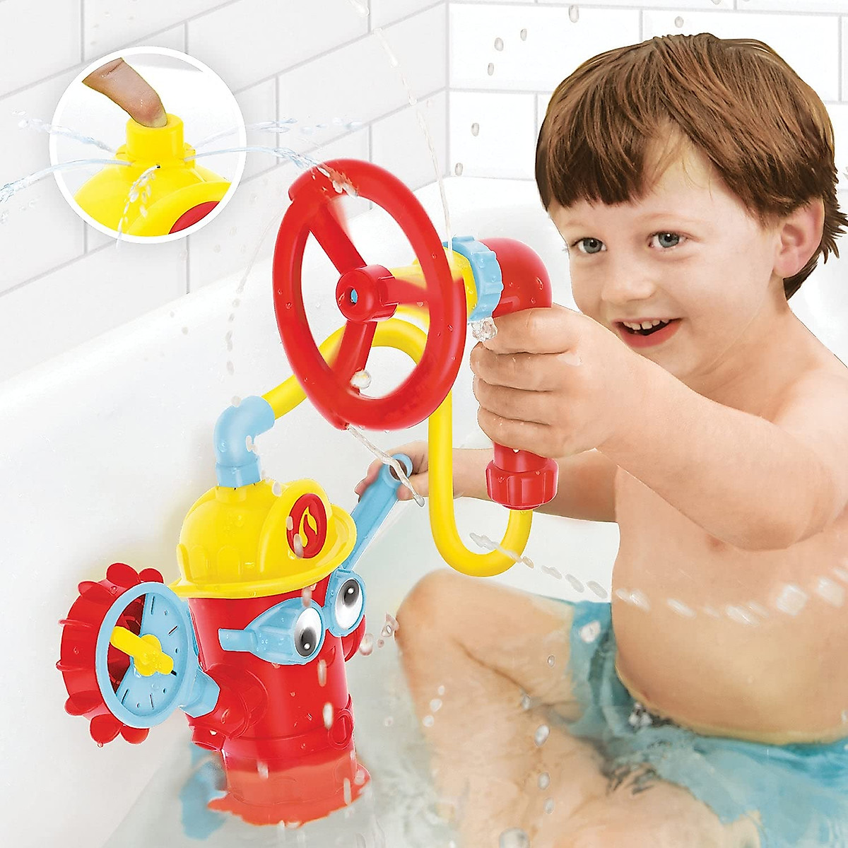 Yookidoo Baby Bath Toddler Toys (Ages 3+) - Ready Freddy Spray ‘N’ Sprinkle Fire Hydrant Bathtime Toy - Includes Hose, Spray Nozzle, Wheel, & Water Gauge - Attach to Any Bath Tub or Shower - Mold Free