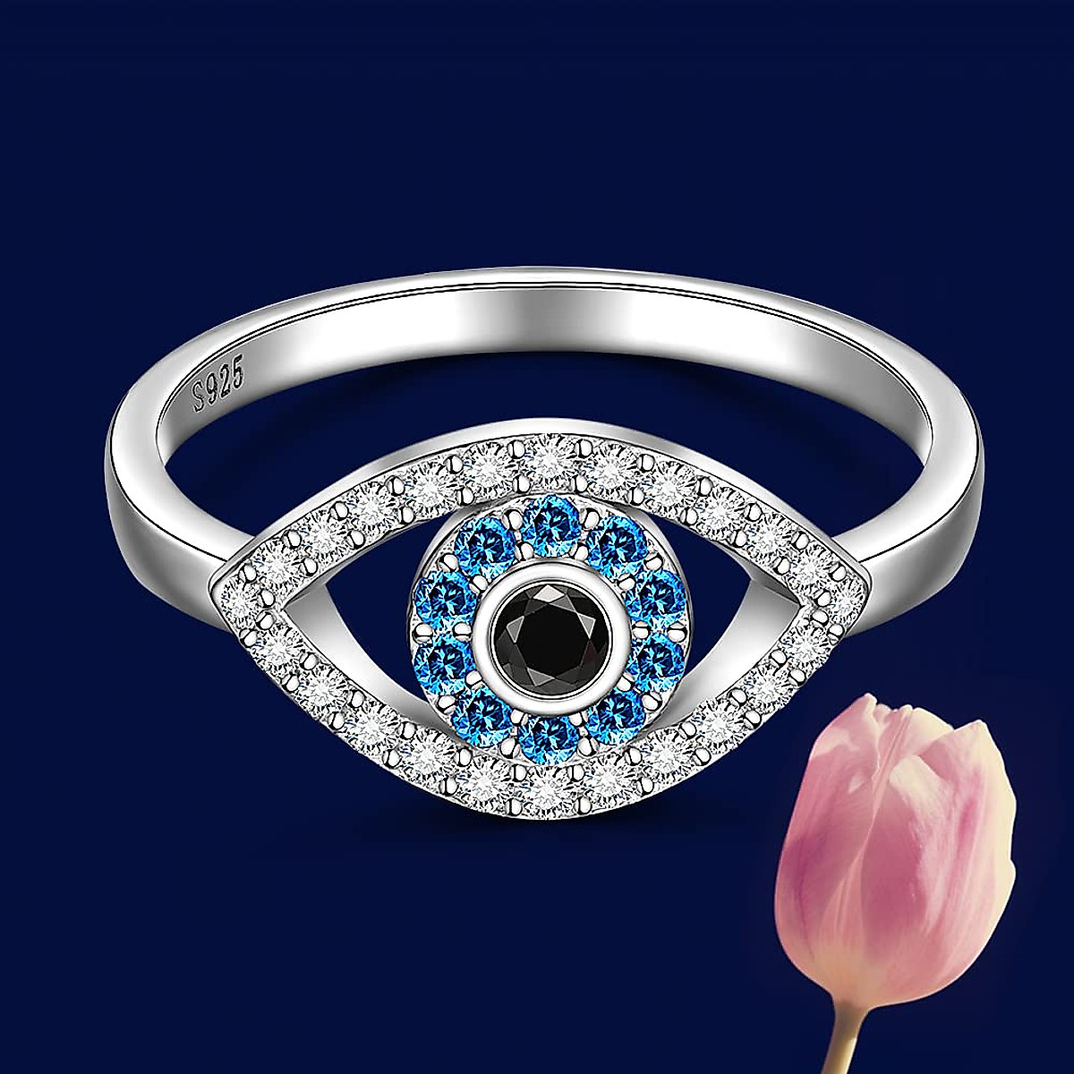 Blue Evil Eye Ring Sterling Silver Spiritual Turkish Third Eye Rings for Women Mal De Ojo Greek Protection Nazar Amulet Sapphire Jewelry Gift Size 8