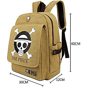 Roffatide Anime One Piece Backpack Khaki Canvas Book Bag Printed Flap School Bag With Earphone Hole