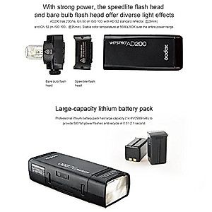 Godox AD200 TTL Flash Strobe, 200Ws 2.4G Pocket Flash Speedlite, 1/8000 HSS Monolight with 2900mAh Lithium Battery, Bare Bulb Flash Head to Provide 500 Full Power Flashes, Recycle in 0.01-2.1s