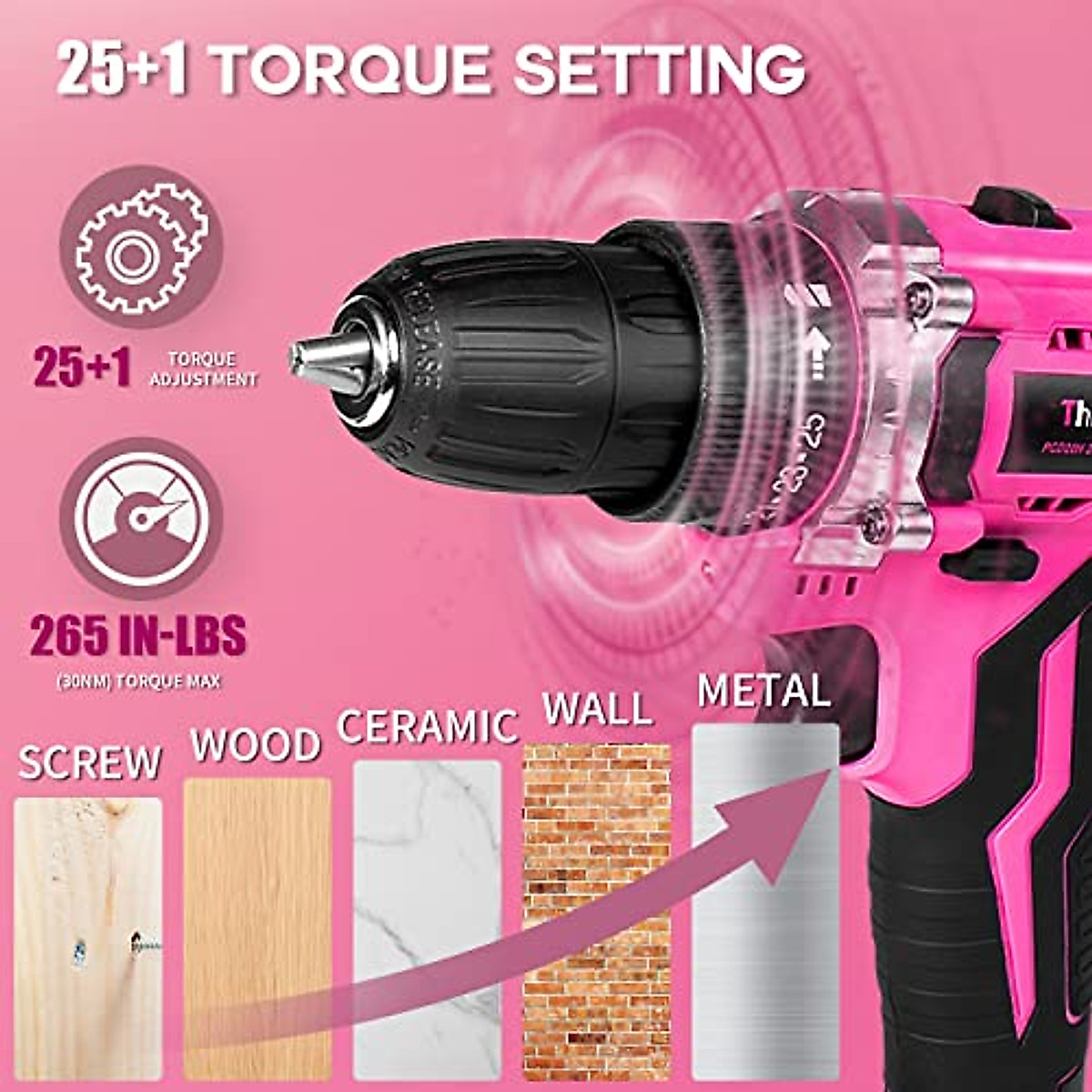 Pink Cordless Drill Set, 20V Lithium-ion Power Drill Set for Women with 67Pcs Drill Driver Bits, 3/8"Keyless Chuck, 25+1 Position Electric Drill, 2.0Ah Battery, Fast Charger and Storage Bag Included