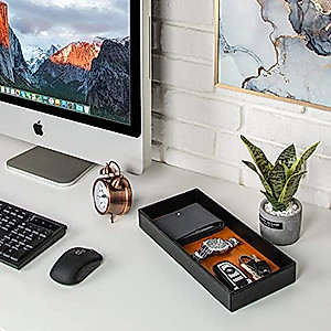 JACKCUBE Design Leather Bamboo Valet Tray for Men, Catch All Trays for Key, Phone, Wallet, Coin, Sunglasses, EDC Dump Storage (Black) - MK205A