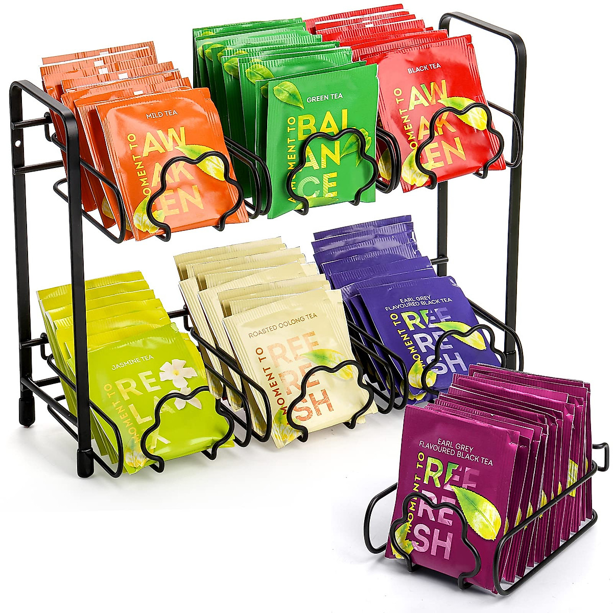 Dicunoy Tea Bag Organizer Rack, 120 Tea Bags Storage Holder, Wall Mounted 2 Tier Stainless Steel Tea Bags Caddy Stand for Coffee, Cabinet, Cupboard, Pantry, Counter Top Organizing