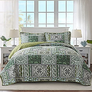 NEWLAKE Cotton Bedspread Quilt Sets-Reversible Patchwork Coverlet Set, Green Classic Bohemian Pattern,Queen Size