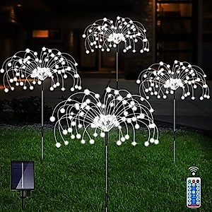 Unihoh Solar Garden Lights Outdoor, 4 Pack Firework Lights 120 LED Waterproof Garden Fireworks lamp Decorative String Lights 8 Modes with Remote DIY Outdoor Decor for Pathway Walkway Yard(Cool White)
