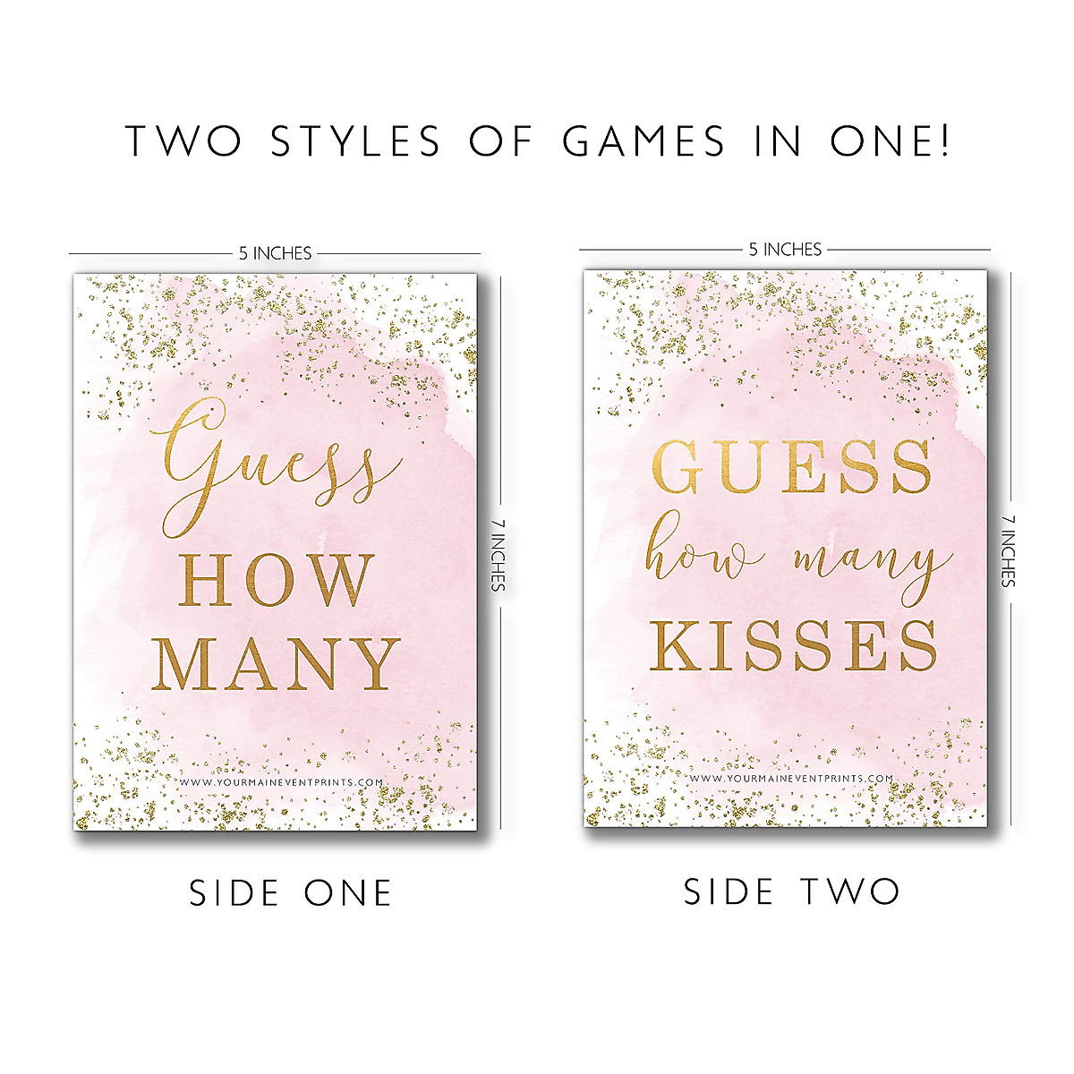 Your Main Event Prints Pink and Gold How Many Kisses Game Sign - Guess How Many - Perfect for Bridal Showers and Weddings - 1 Self-Standing Sign and 50 Guessing Cards