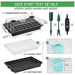YAUNGEL Seed Starter Tray with Grow Light, Seed Starter Kit with Timing Controller Adjustable Brightness, 80 Cells Seed Trays for Indoor Planting with Humidity Domes Heightened Lids 2 Pack, Black