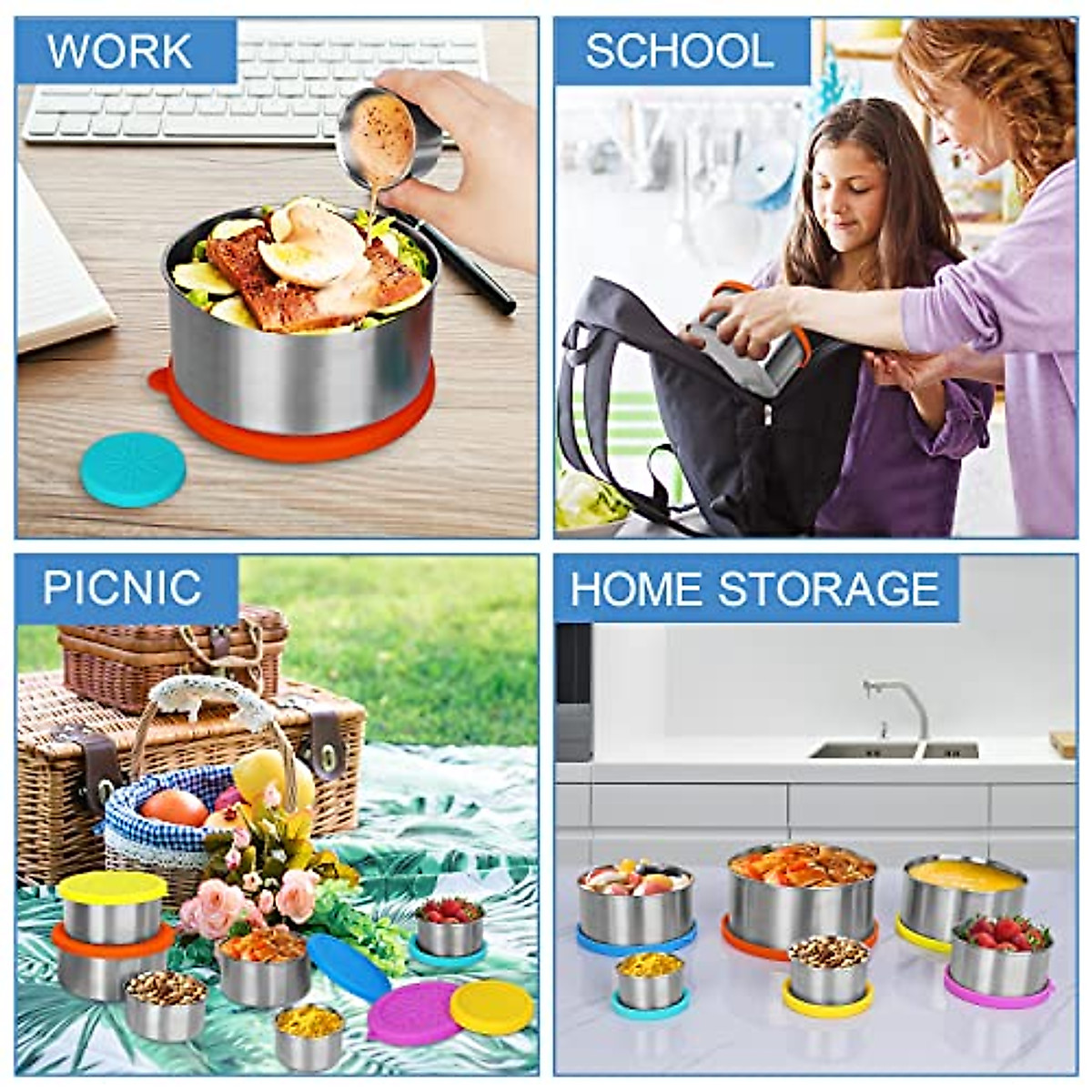 LEEPENK Stainless Steel Food Containers With Silicone Lids Leakproof Snack Containers for Kids Adults Set of 6 Metal Food Storage Containers (50,100,220,400,680,950ml) Durable for School Lunch,Picnic